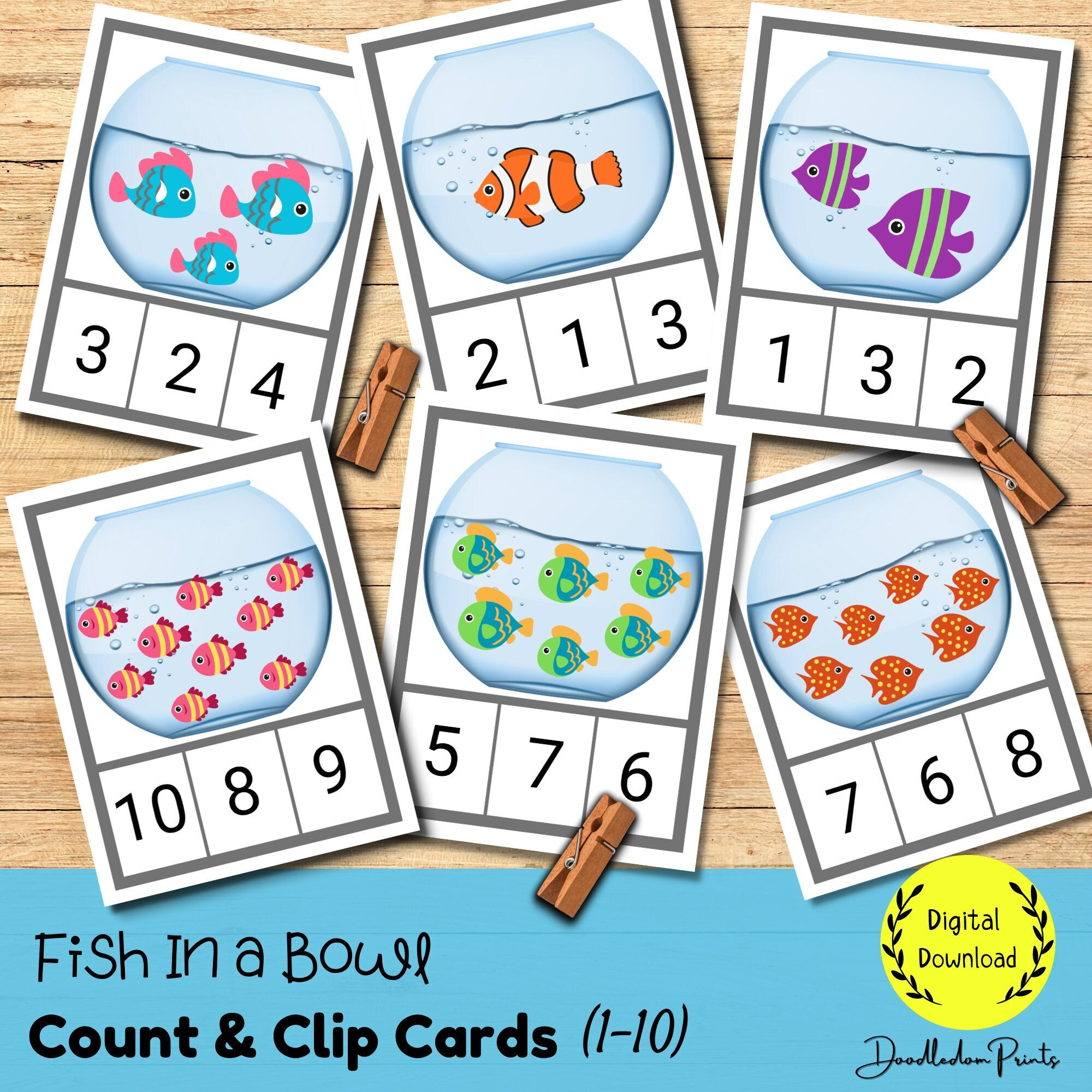 FISH Count and Clip Cards 1-10, Toddler Preschool Prek Homeschool Math ...