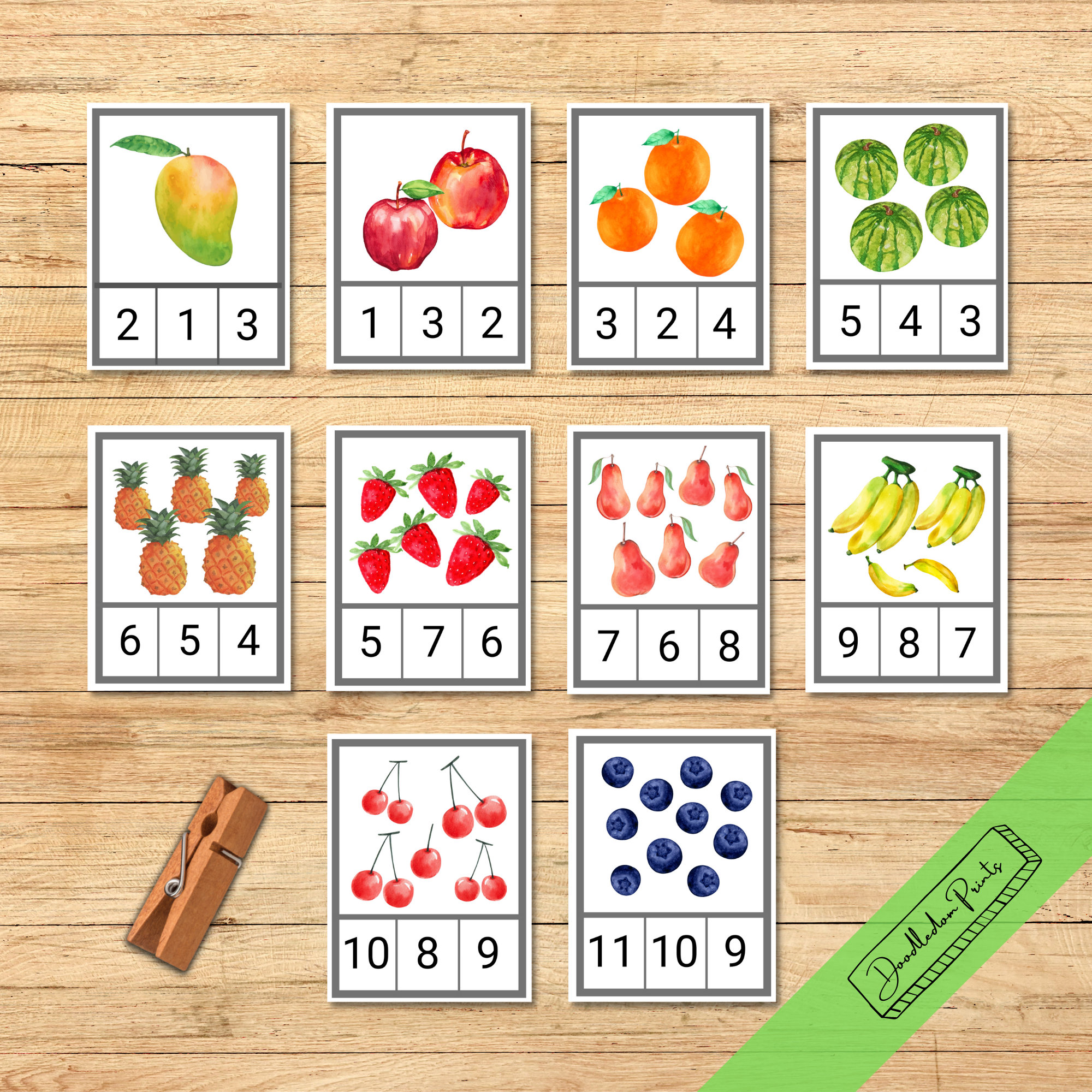 FRUITS Count and Clip Cards 1-20, Montessori Printable Material ...