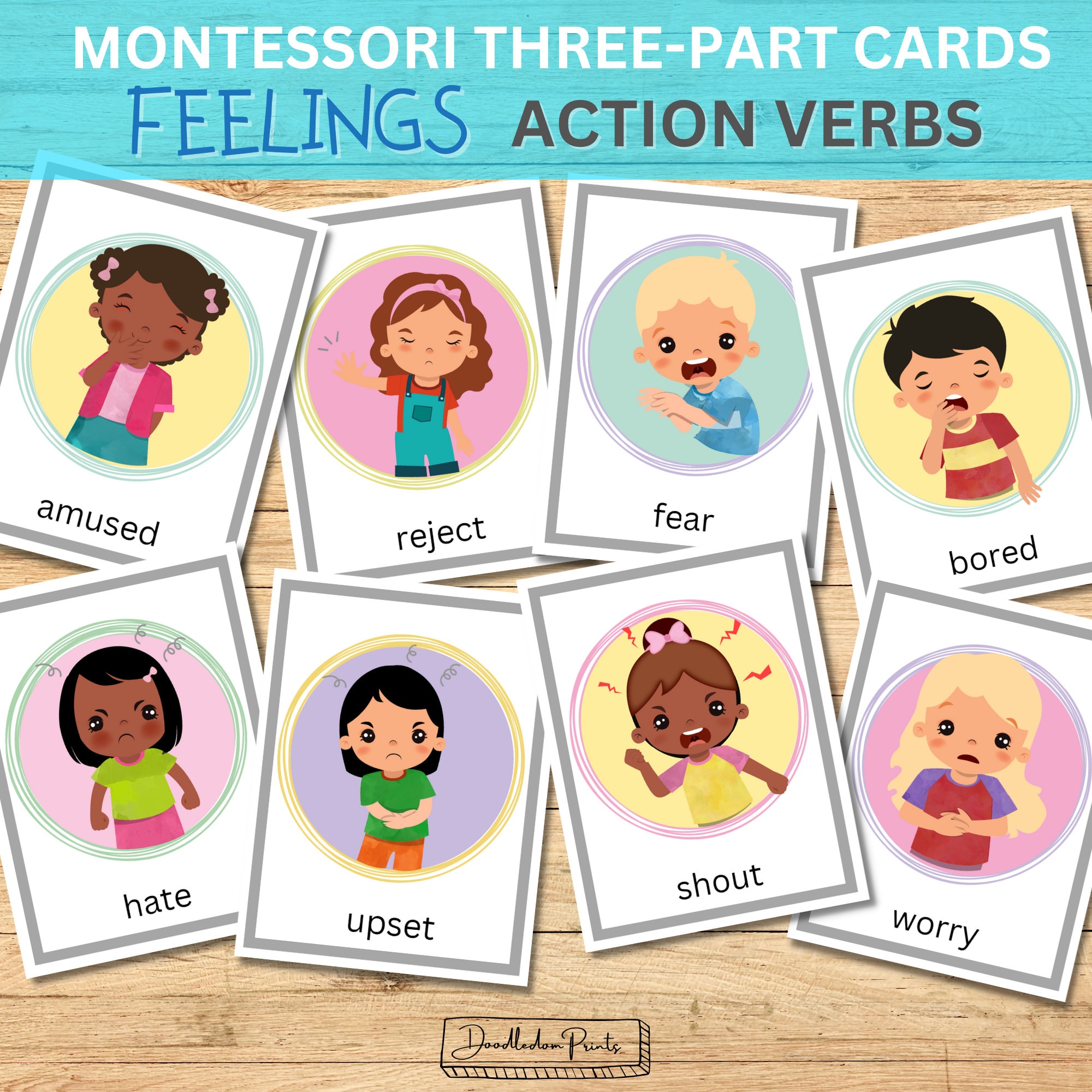 EMOTIONS Flashcards Kids Feelings Action Verbs 3 Part Cards - Etsy