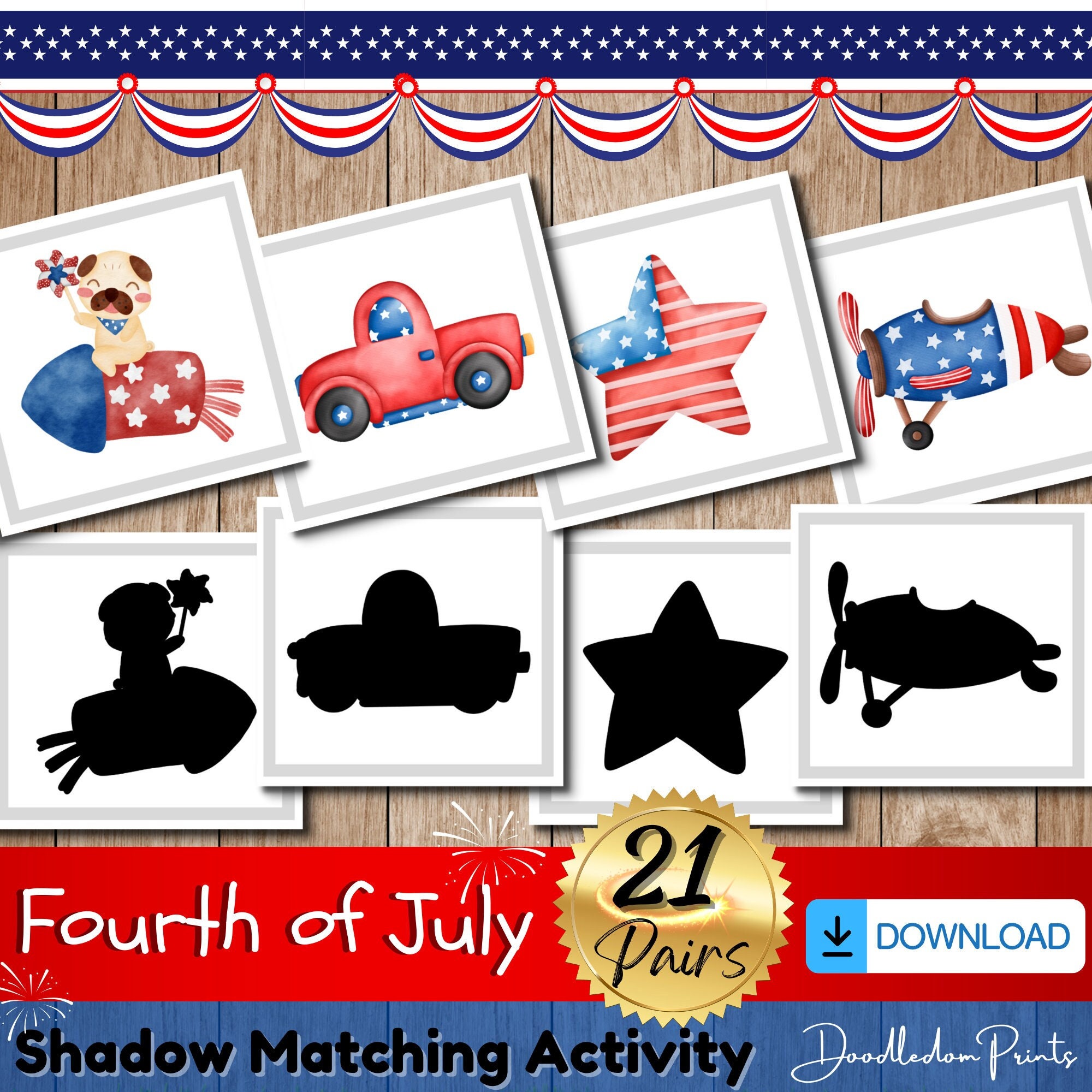 Fourth of July Shadow Matching Cards, Montessori Printable Summer ...