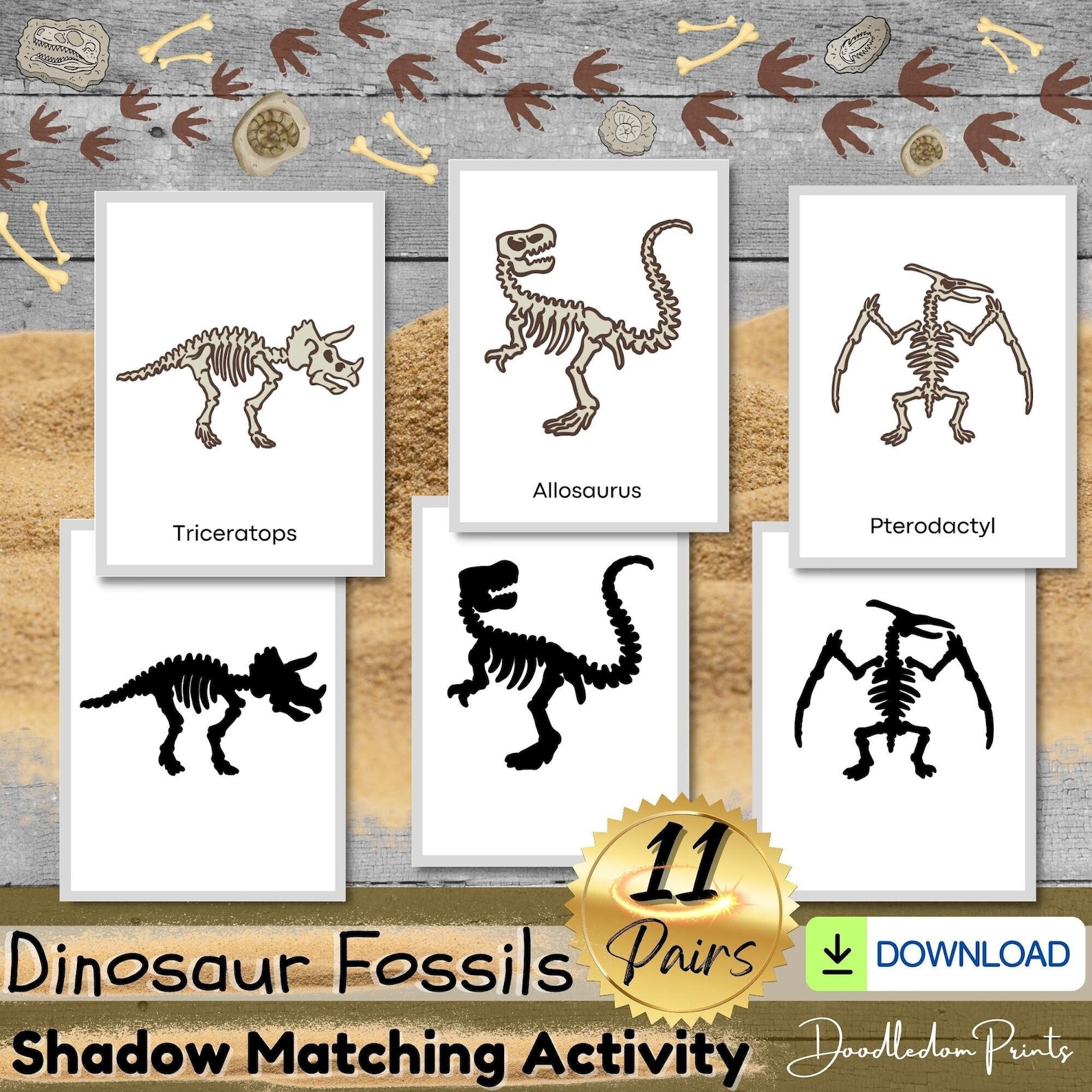 Dinosaur Fossils Shadow Matching Activity Printable Montessori Material ...