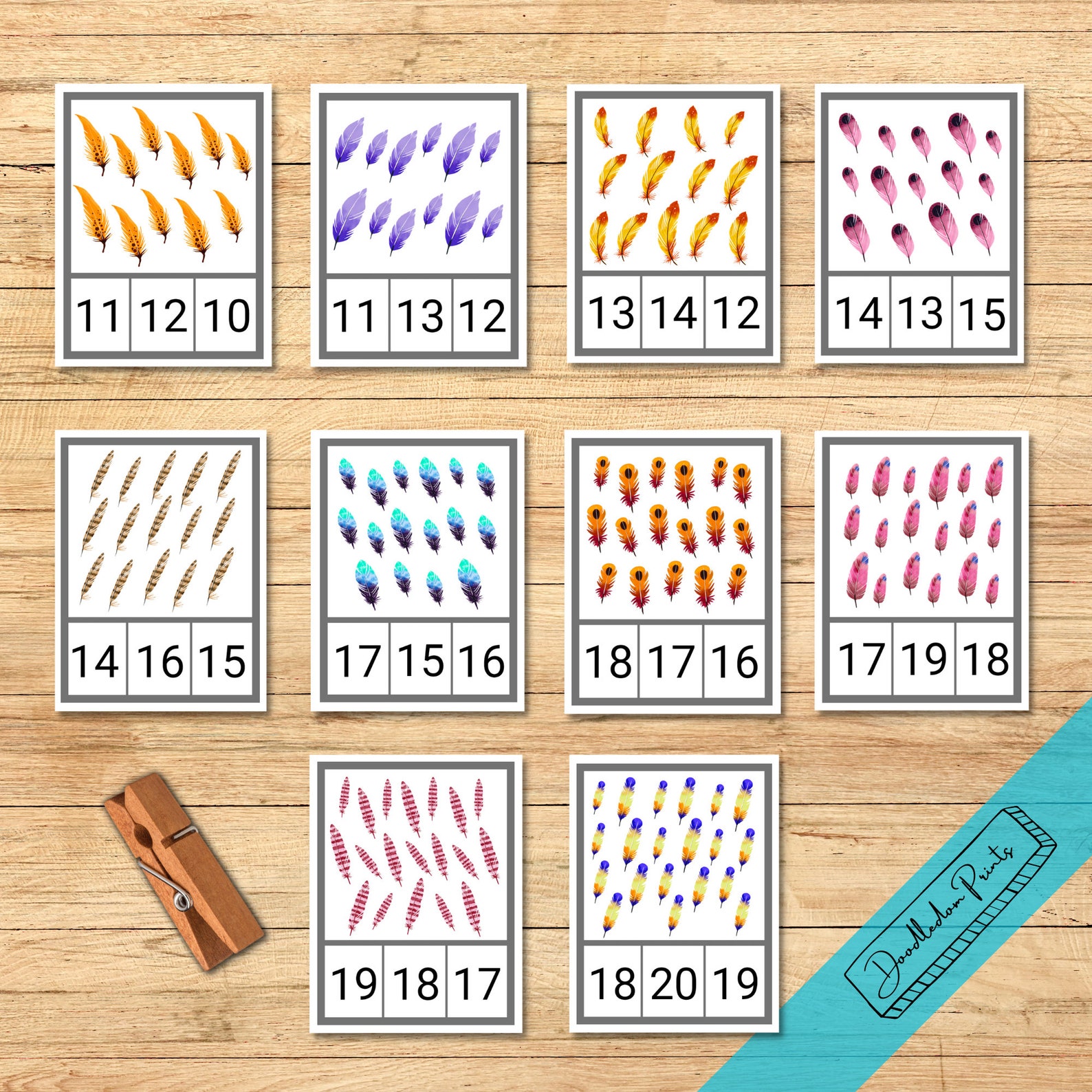 FEATHERS Count and Clip Cards 1-20, Toddler Summer Number Activity ...