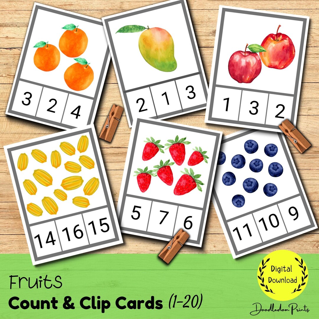 FRUITS Count and Clip Cards 1-20, Montessori Printable Material ...