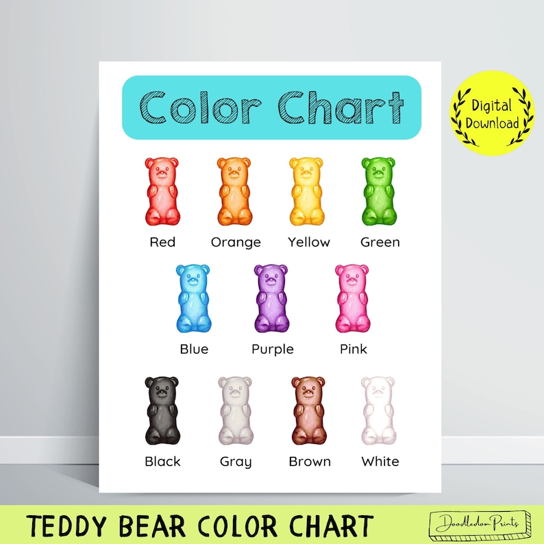Color Chart, Educational Teddy Bear Printable, Watercolor Nursery Décor ...