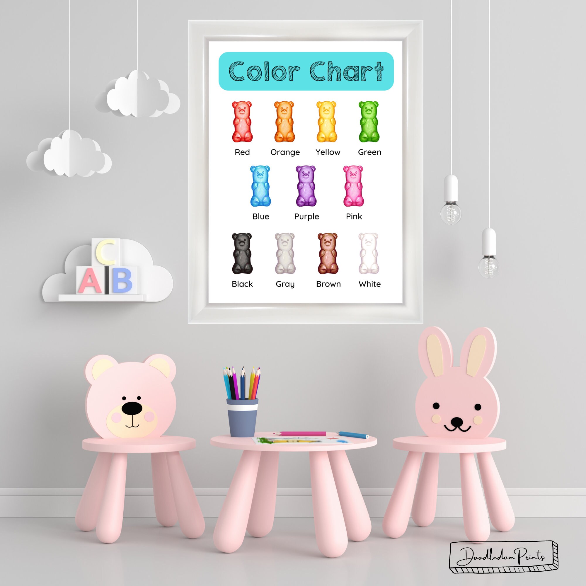 Color Chart, Educational Teddy Bear Printable, Watercolor Nursery Décor ...