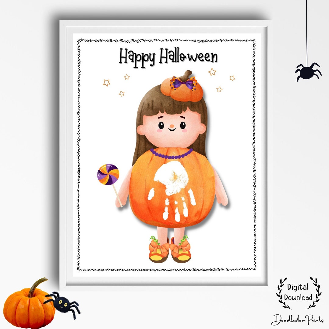 Halloween Printable Handprint Art, Pumpkin Costume Girl, Watercolor ...