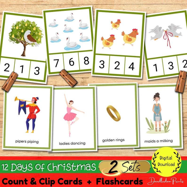12 Days of Christmas Count and Clip Cards Xmas Flashcards, Printable ...
