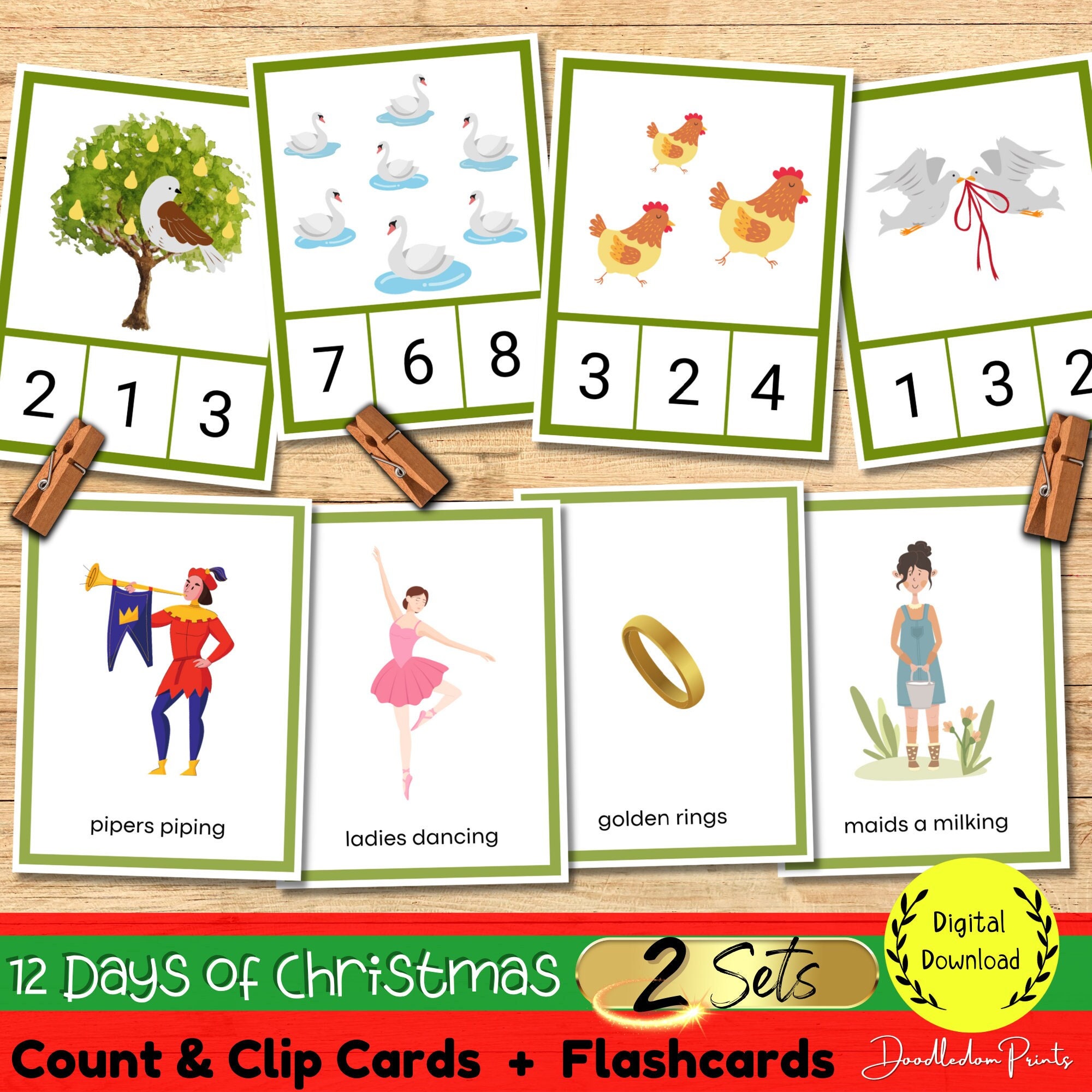 12 Days of Christmas Count and Clip Cards Xmas Flashcards, Printable ...
