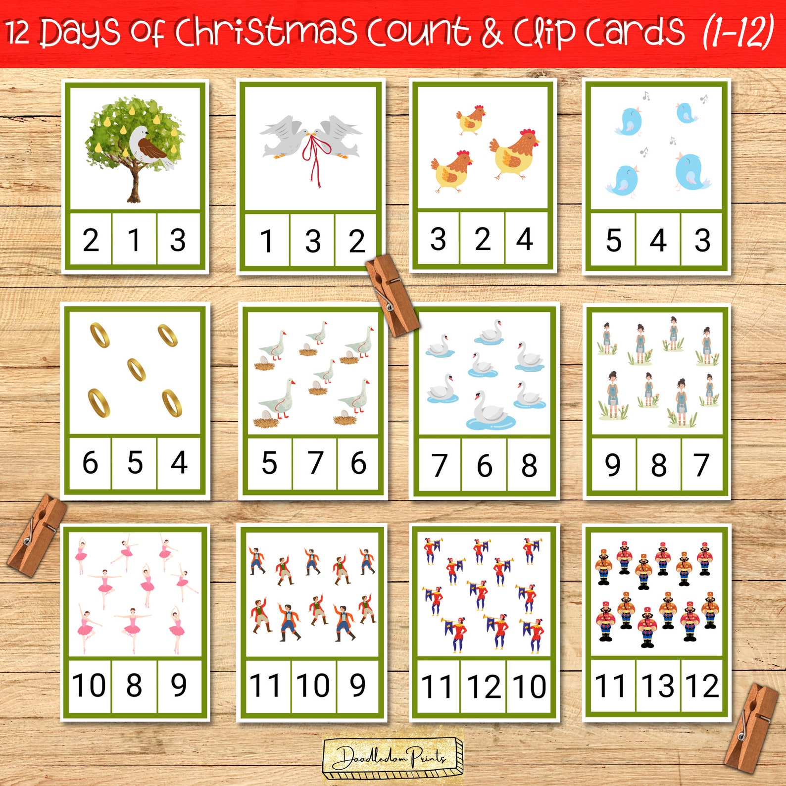 12 Days of Christmas Count and Clip Cards Xmas Flashcards, Printable ...