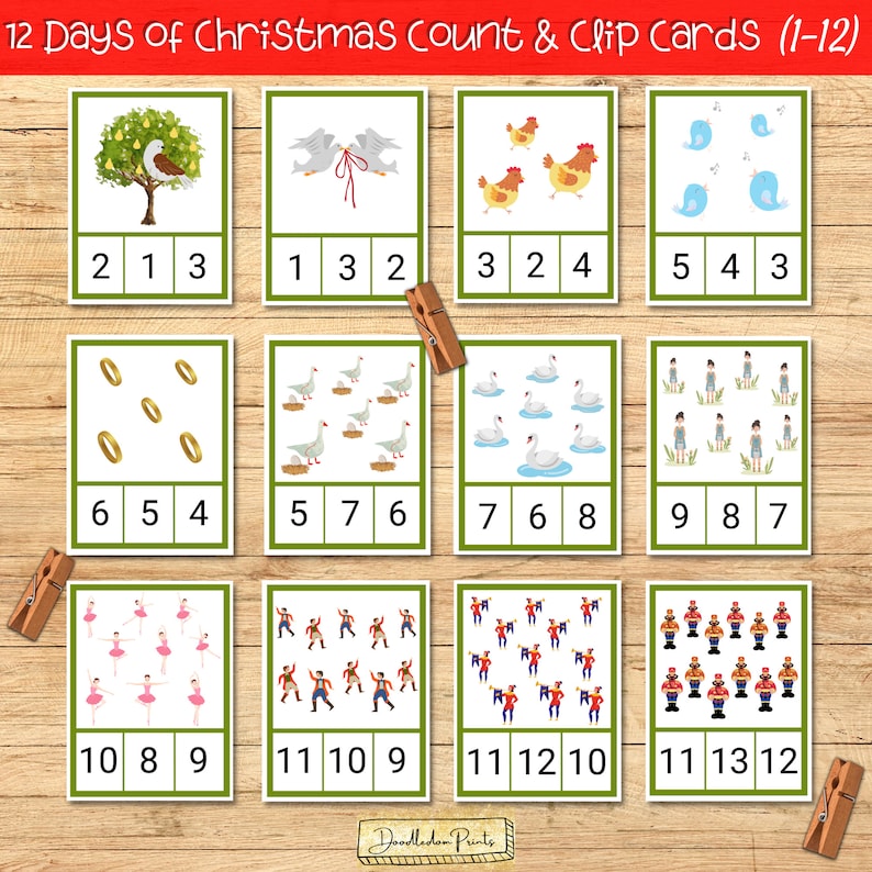 12 Days of Christmas Count and Clip Cards Xmas Flashcards, Printable ...