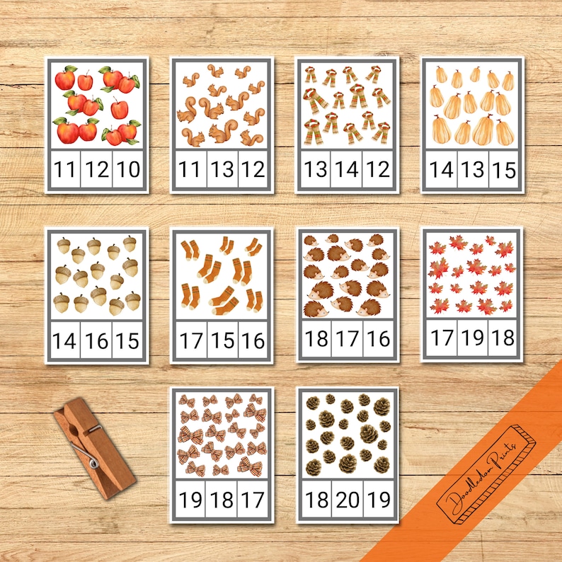FALL Montessori Count and Clip Cards (1-20), Preschool Educational PDF ...