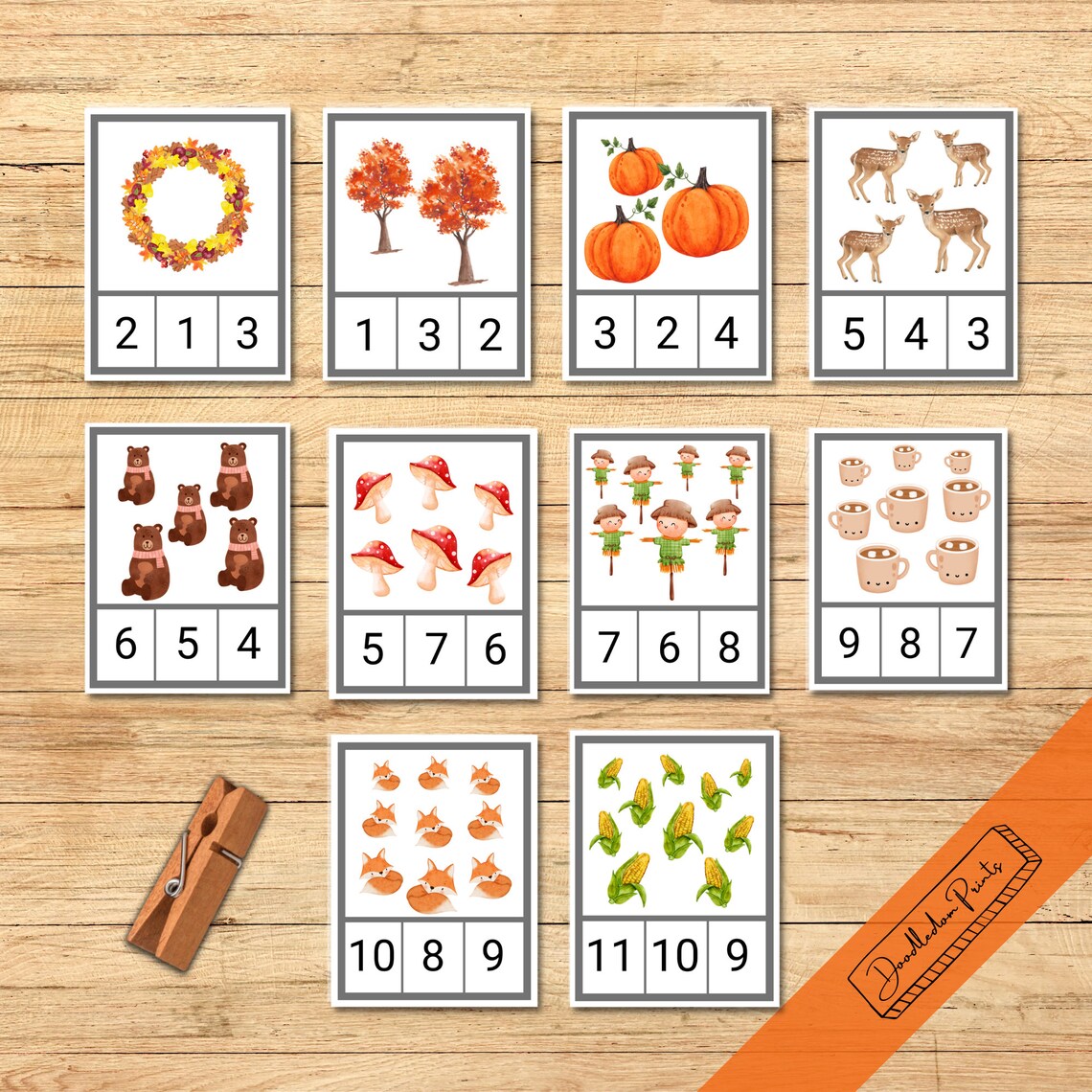 FALL Montessori Count and Clip Cards (1-20), Preschool Educational PDF ...