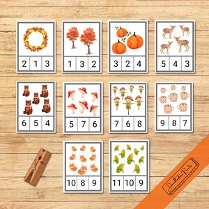 FALL Montessori Count and Clip Cards (1-20), Preschool Educational PDF ...