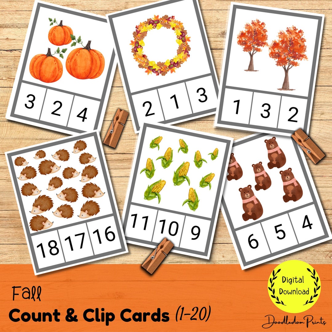 FALL Montessori Count and Clip Cards (1-20), Preschool Educational PDF ...