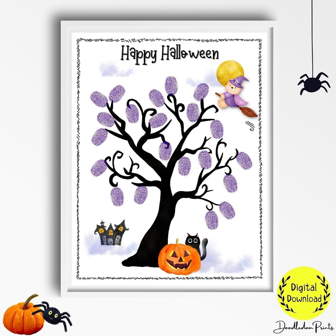 Halloween DIY Fingerprint Tree, Halloween Baby Keepsake Thumbprint Tree ...
