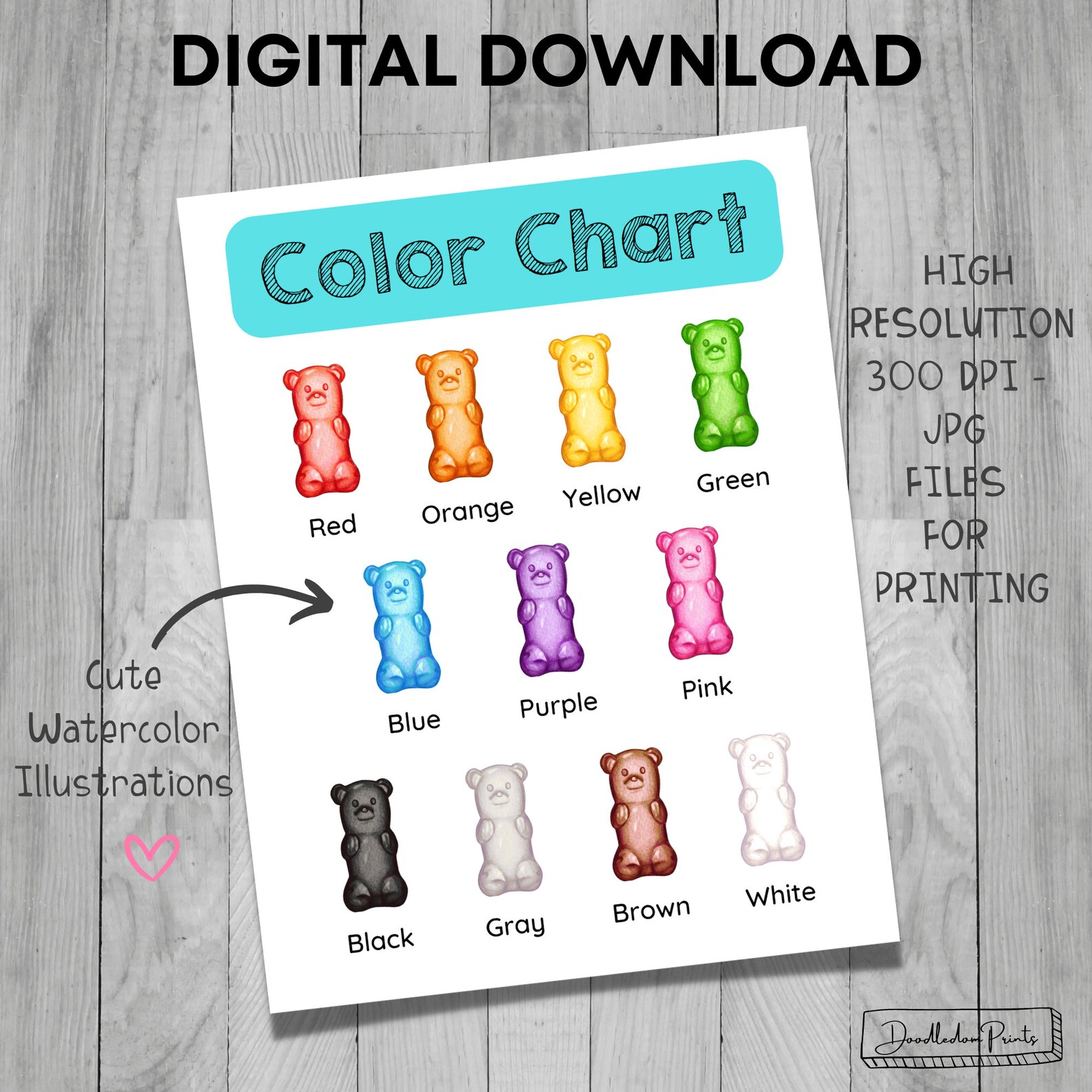 Color Chart, Educational Teddy Bear Printable, Watercolor Nursery Décor ...