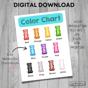 Color Chart, Educational Teddy Bear Printable, Watercolor Nursery Décor ...