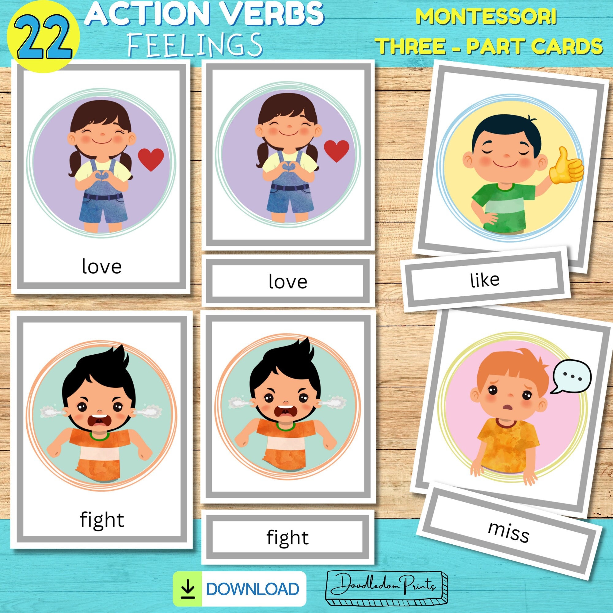 EMOTIONS Flashcards Kids Feelings Action Verbs 3 Part Cards - Etsy