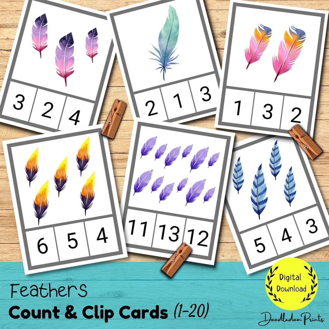 FEATHERS Count and Clip Cards 1-20, Toddler Summer Number Activity ...