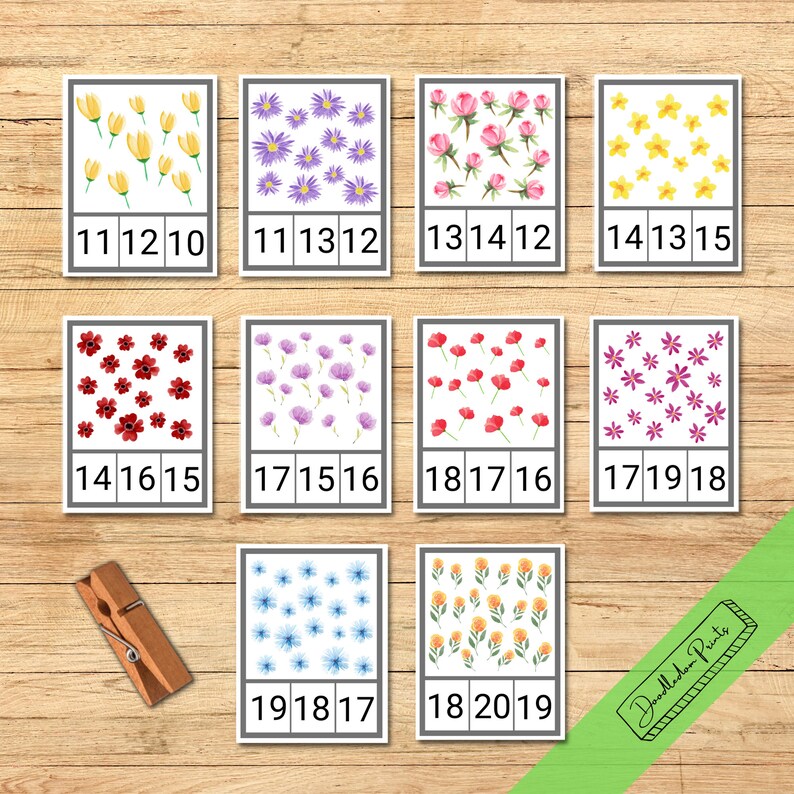 SPRING FLOWER Count and Clip Cards 1-20, Montessori Printable Material ...