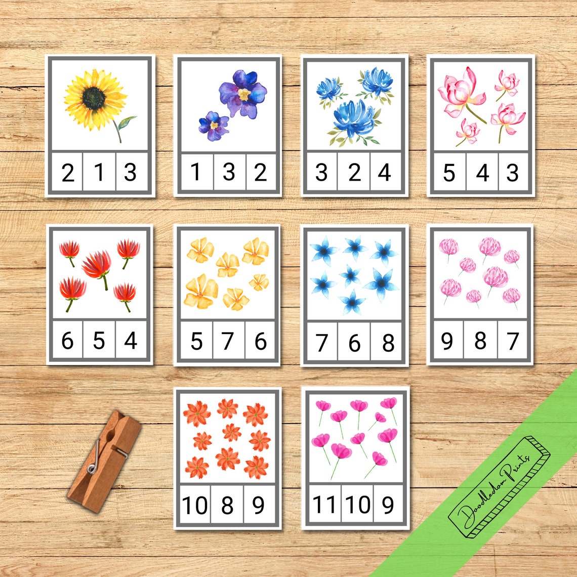SPRING FLOWER Count and Clip Cards 1-20, Montessori Printable Material ...