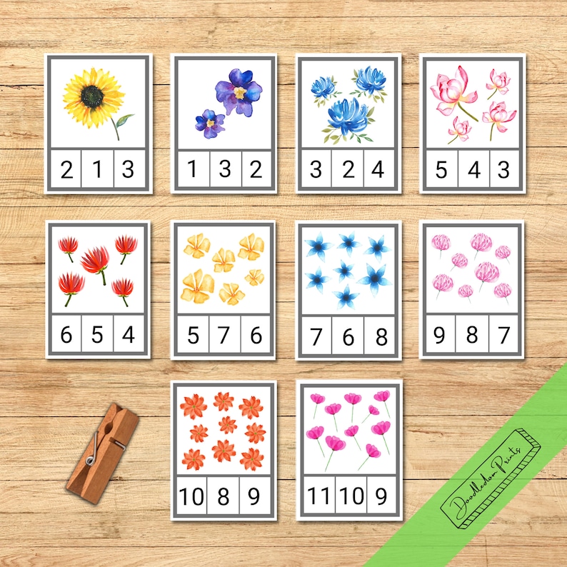SPRING FLOWER Count and Clip Cards 1-20, Montessori Printable Material ...