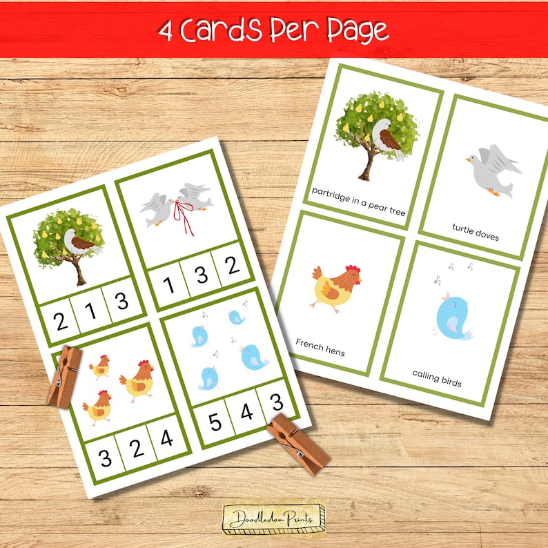 12 Days of Christmas Count and Clip Cards Xmas Flashcards, Printable ...