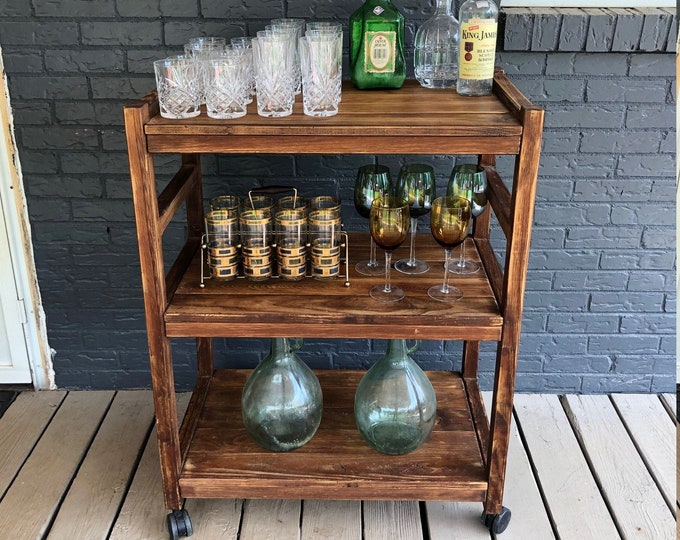 Vintage Three Tier Wood Rolling Cart Service Cart Bar Cart Rustic ...