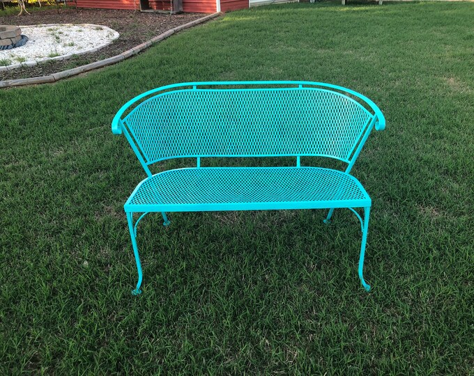 Vintage Wrought Iron Mesh Russell Woodard Patio Bench Turquoise Paint ...