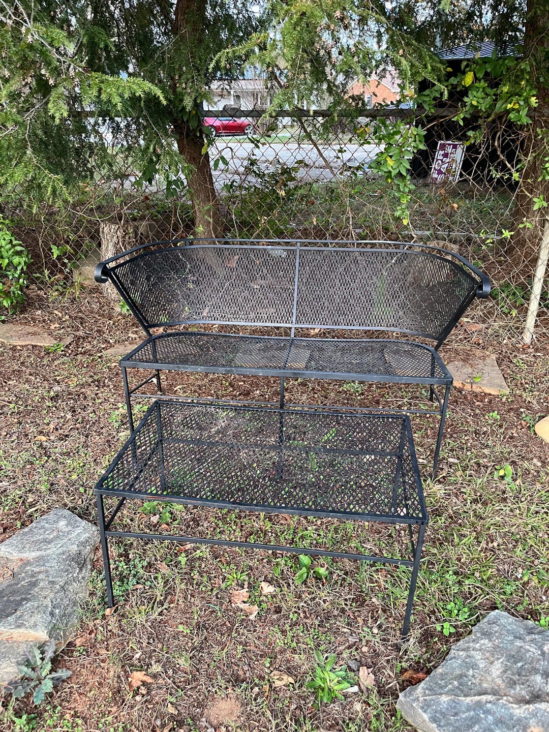 Vintage Wrought Iron and Mesh Bench and Coffee Table Salterini Style - Etsy