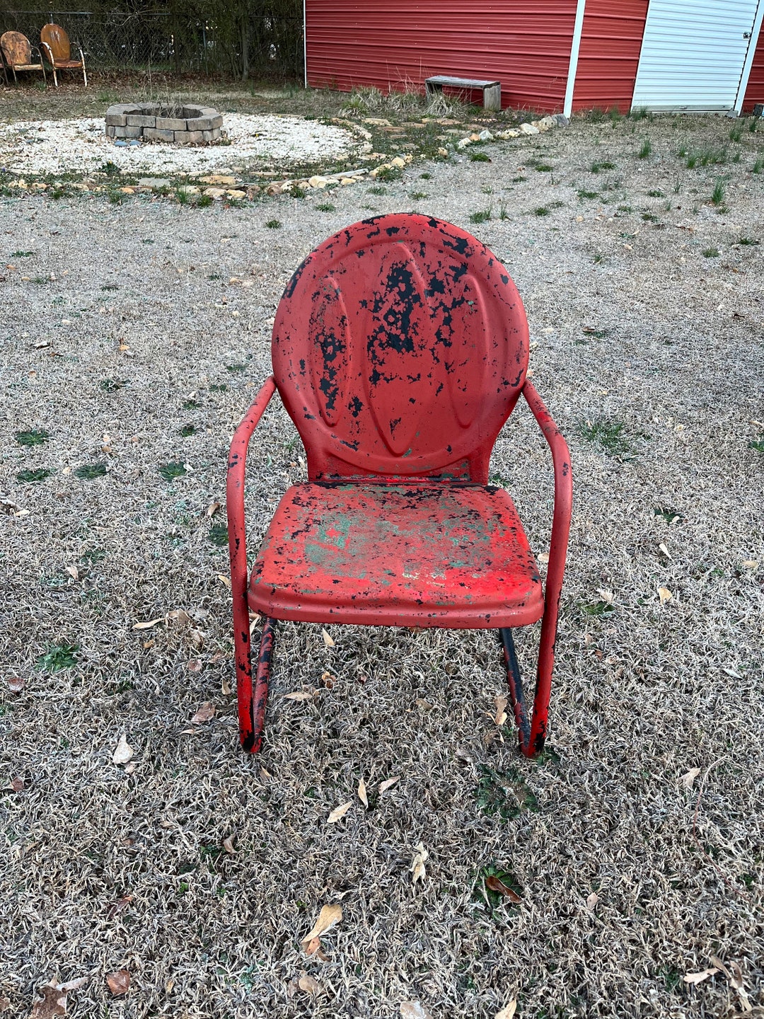 Vintage Weathered Metal Motel Patio Chair Rustic Cantilevered Red Paint ...