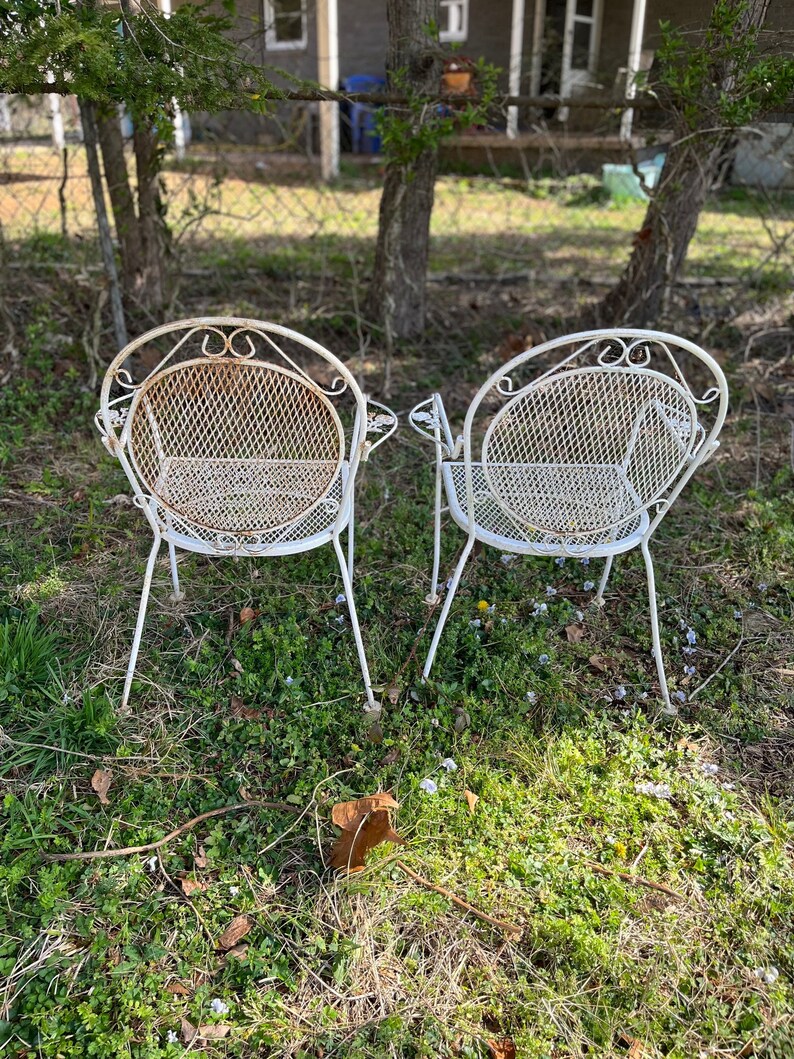 Vintage Pair of Wrought Iron Mesh Garden Armchairs Stackable - Etsy