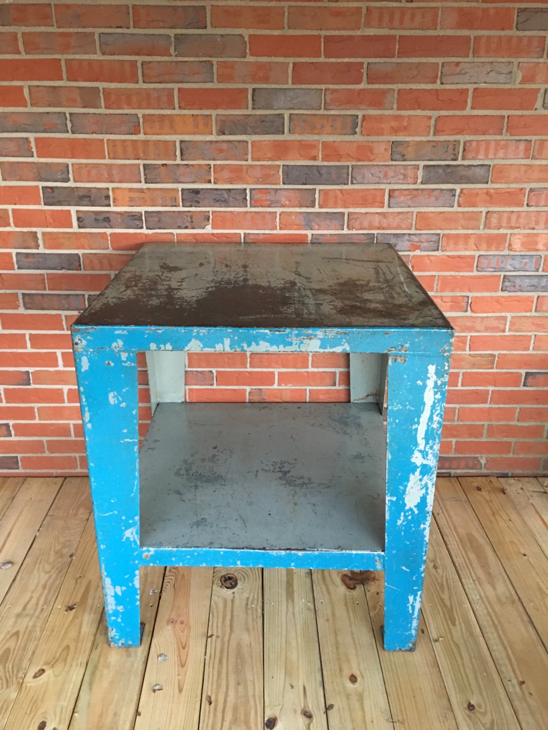 Vintage Square Steel Work Table Blue Paint Two Tier Bar - Etsy