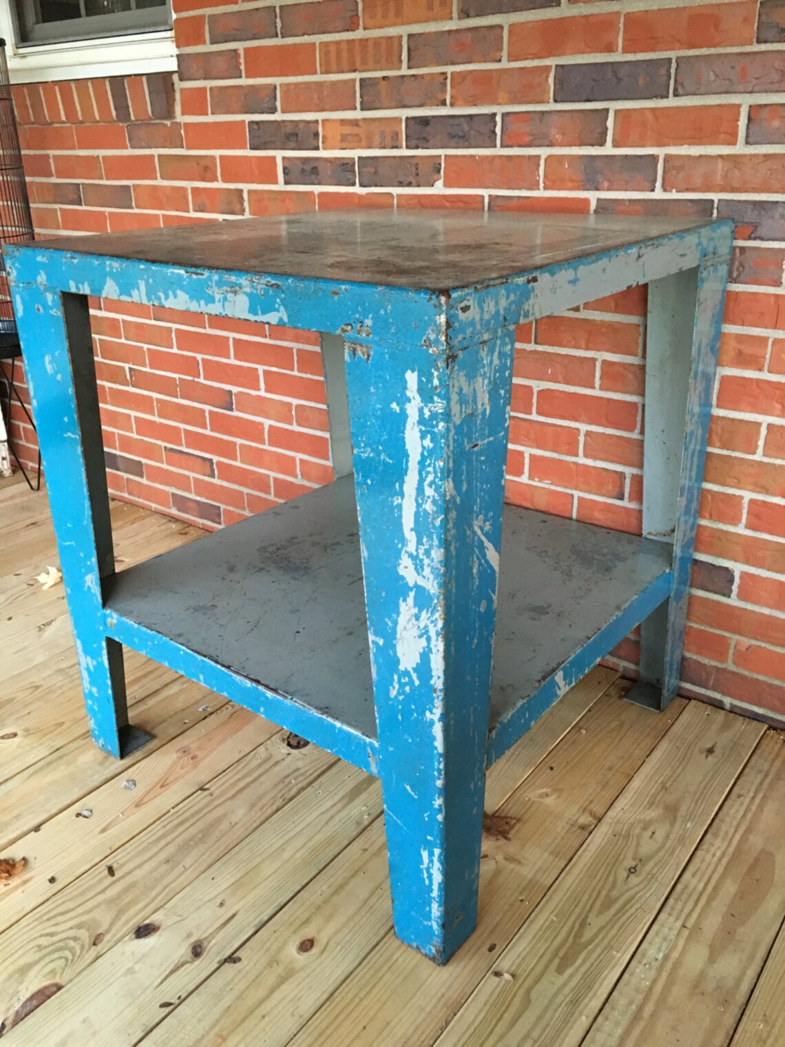 Vintage Square Steel Work Table Blue Paint Two Tier Bar - Etsy
