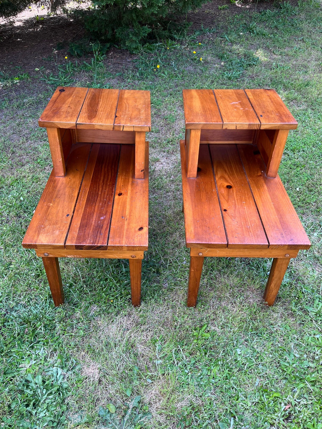 Vintage Two Tiered Farmhouse Pine Wood Side Tables Nightstands - Etsy