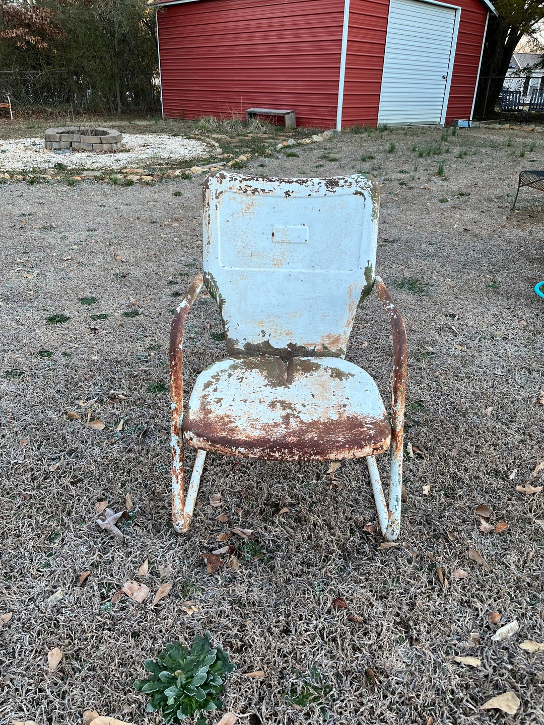 Vintage Weathered Metal Motel Patio Chair Rustic Cantilevered White ...