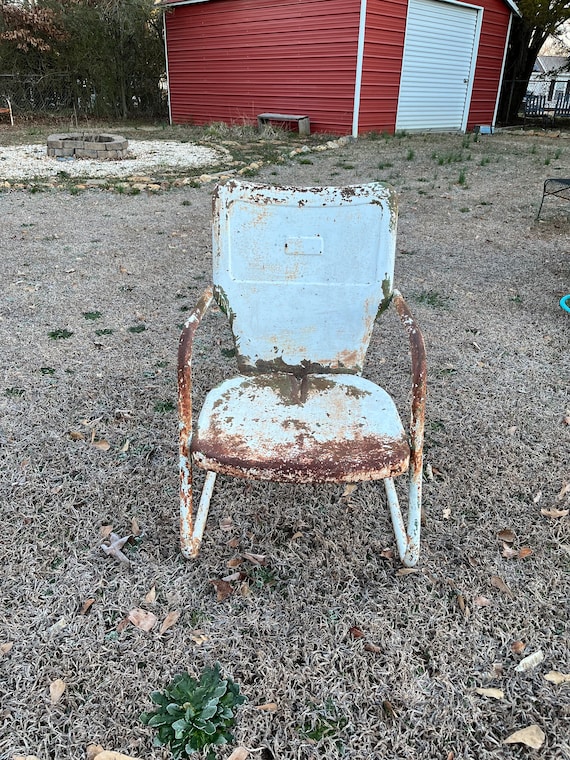Vintage Weathered Metal Motel Patio Chair Rustic Cantilevered White Paint Etsy