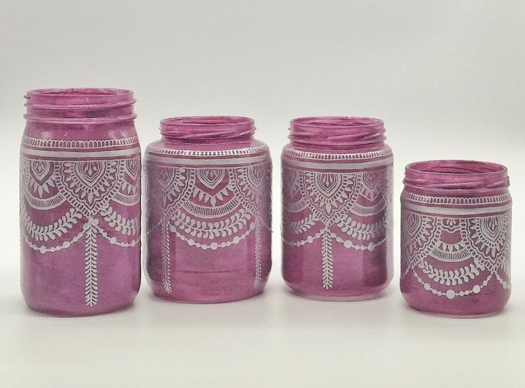 Boho Mason Jar Set of 4 Hand Painted in Purple and Silver Vase | Etsy