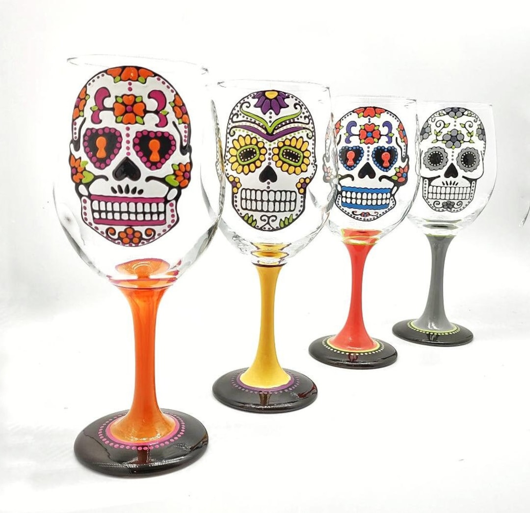 Set of 4 Stemmed Sugar Skull Wine Glasses in Various Colors Hand ...