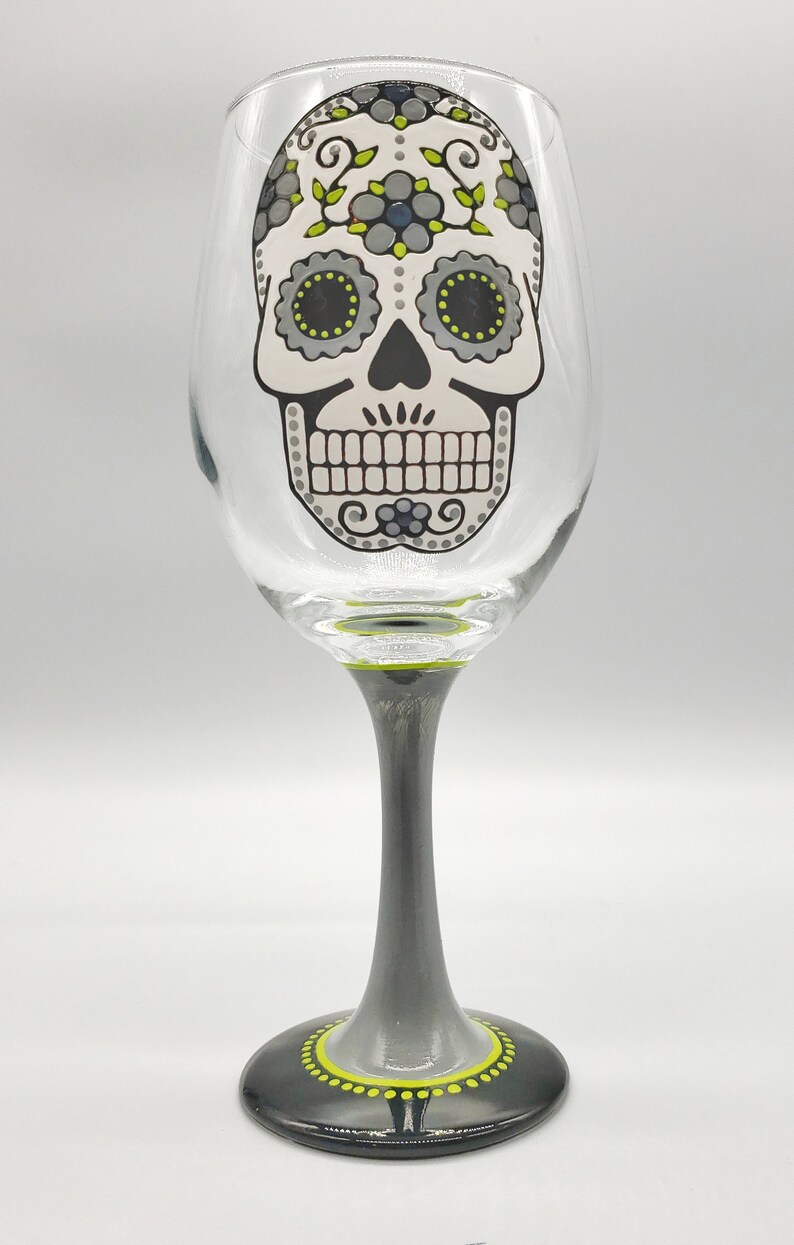 Gray Sugar Skull Hand Painted Wine Glass in Stemmed or | Etsy