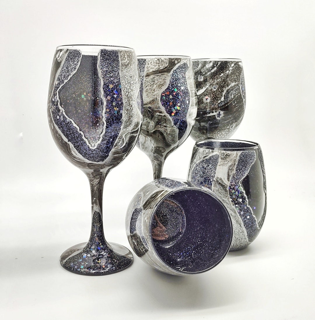 Black Diamond Geode Agate Hand Pained Wine Glass in Stemmed or - Etsy