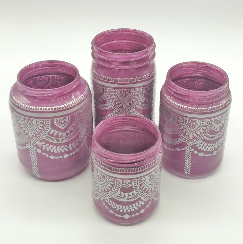 Boho Mason Jar Set of 4 Hand Painted in Purple and Silver Vase | Etsy