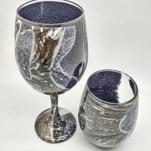 Black Diamond Geode Agate Hand Pained Wine Glass in Stemmed or - Etsy