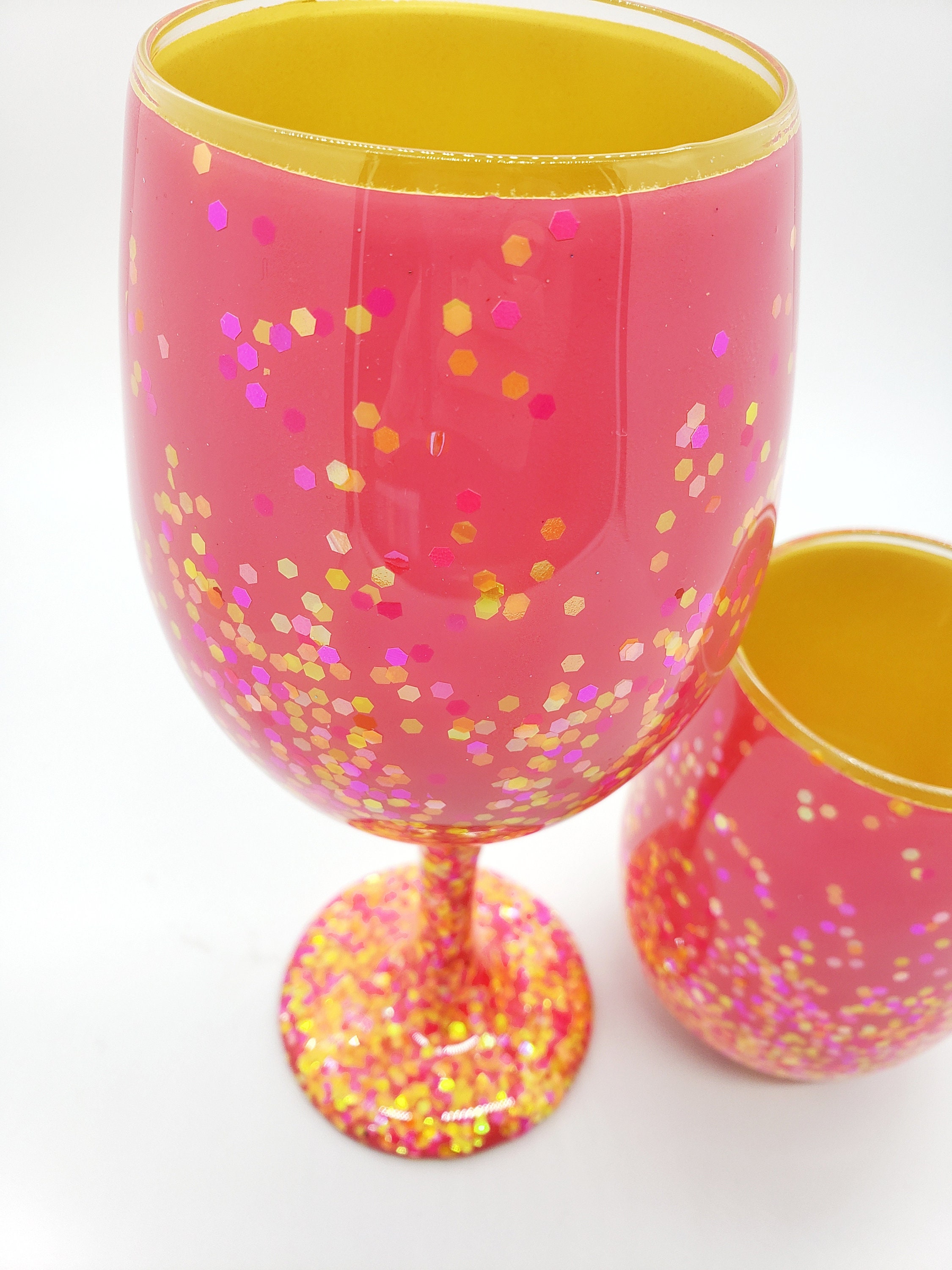 Glitter Wine Glass in Pink Yellow and Orange Hand Painted in Stemmed or ...