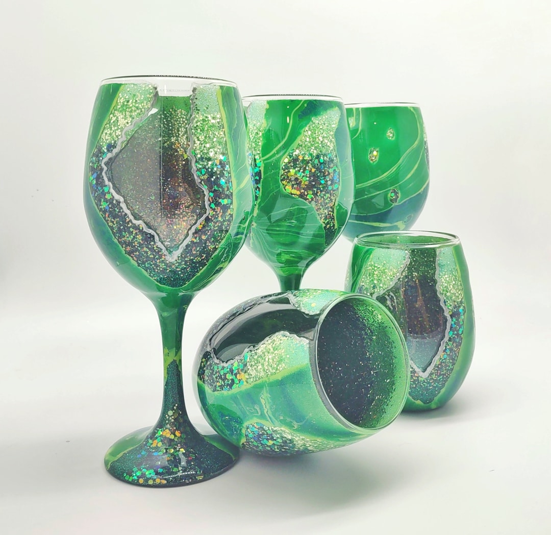 Emerald Jade Geode Agate Wine Glass Hand Painted in Stemmed or - Etsy
