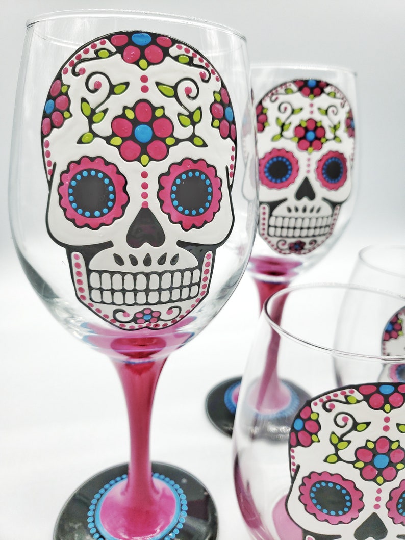 Pink Sugar Skull Hand Painted Wine Glass In Stemmed or | Etsy