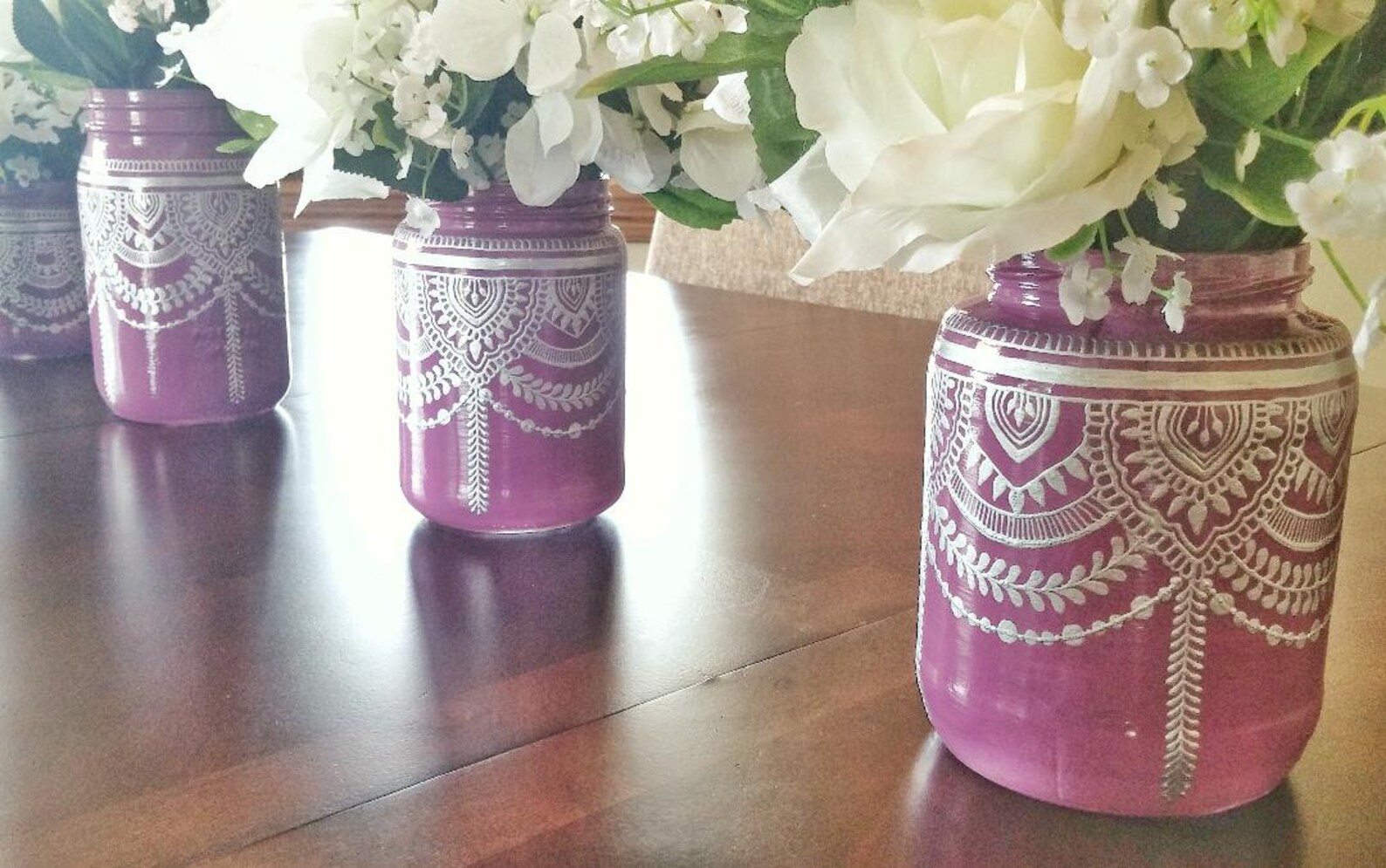 Boho Mason Jar Set of 4 Hand Painted in Purple and Silver Vase | Etsy