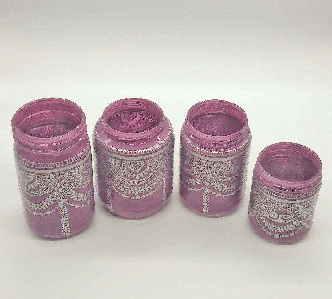 Boho Mason Jar Set of 4 Hand Painted in Purple and Silver Vase | Etsy