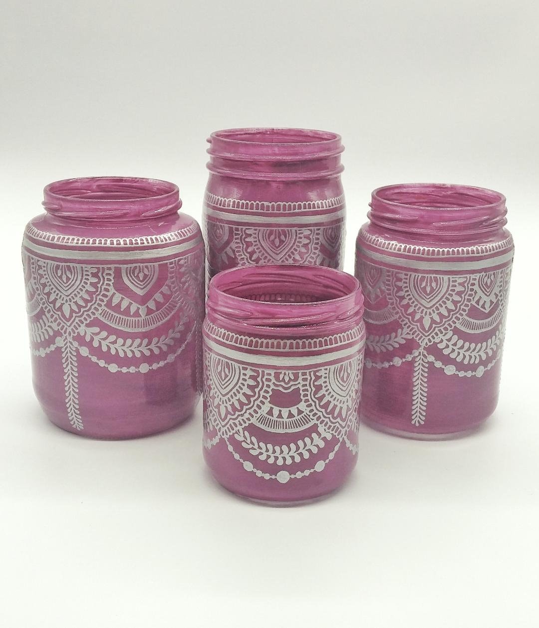 Boho Mason Jar Set of 4 Hand Painted in Purple and Silver Vase | Etsy