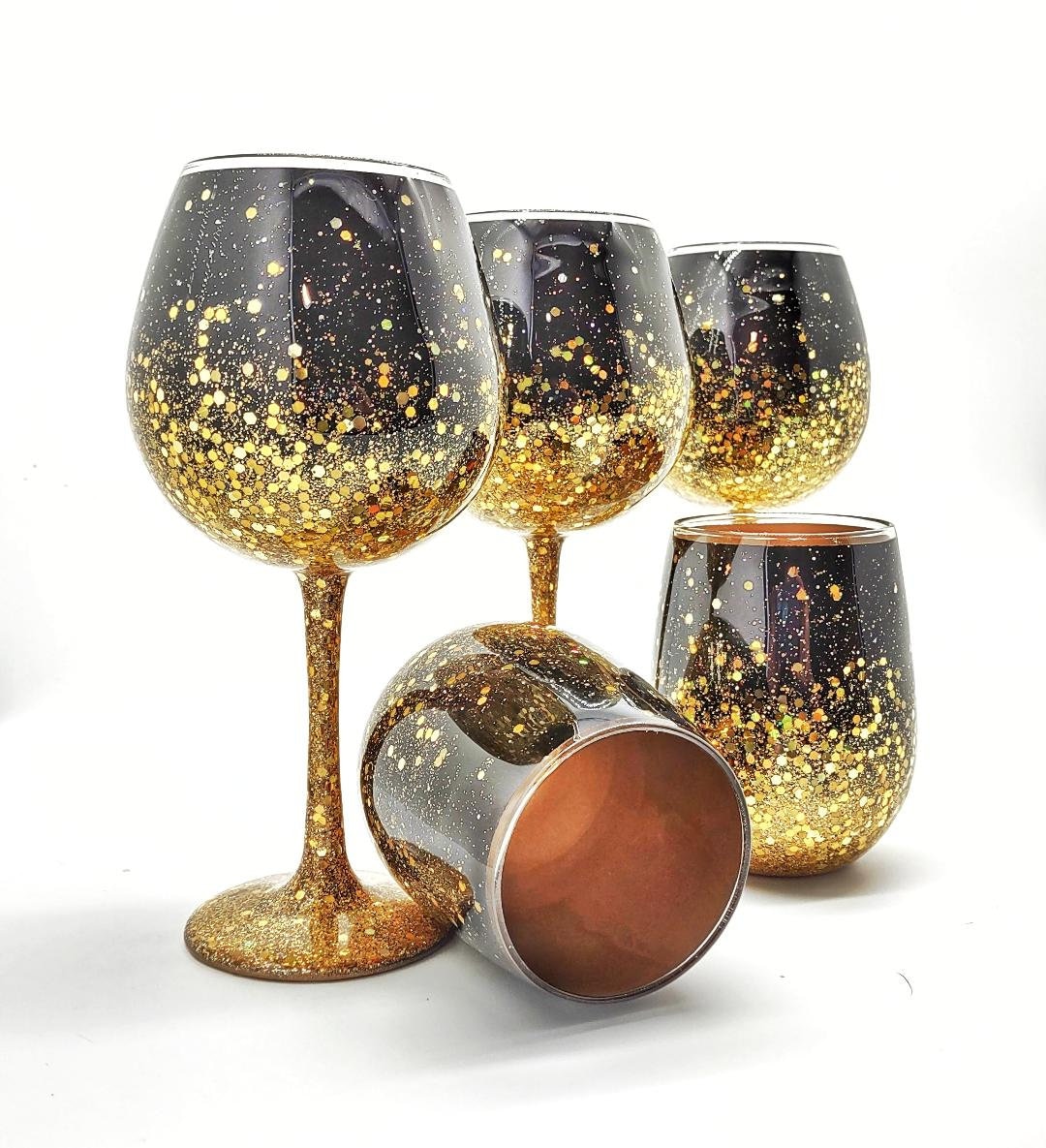 Gold Black Glitter Wine Glass Hand Painted in Stemmed or Stemless - Etsy